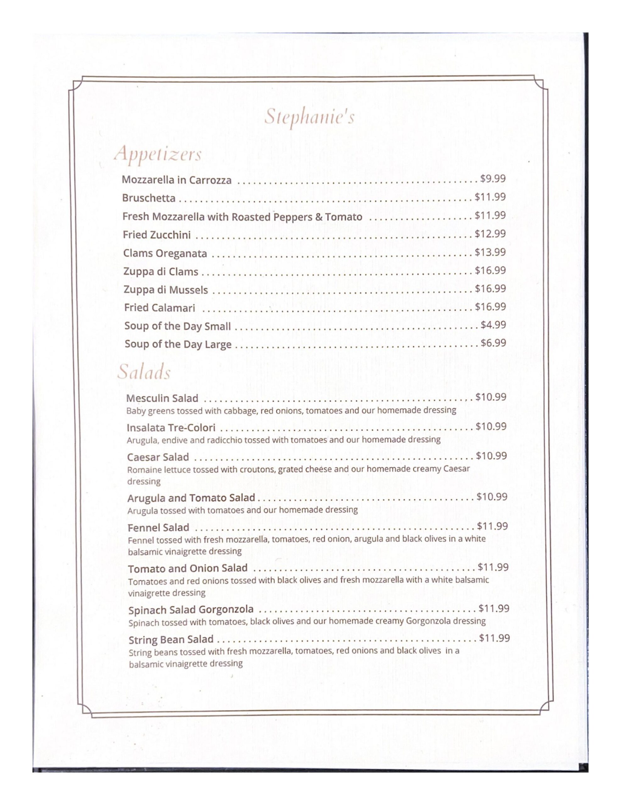 Dinner Menu - Stephanie's Italian Restaurant